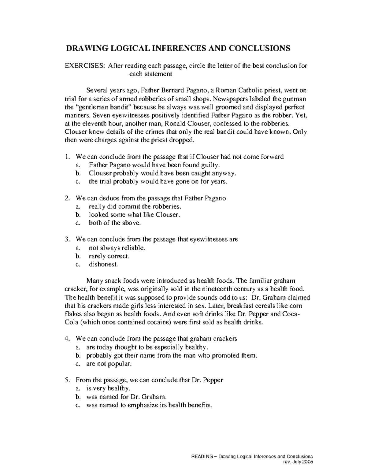 LCC401 Exercises on Making Inferences and Drawing Conclusions - READING ...