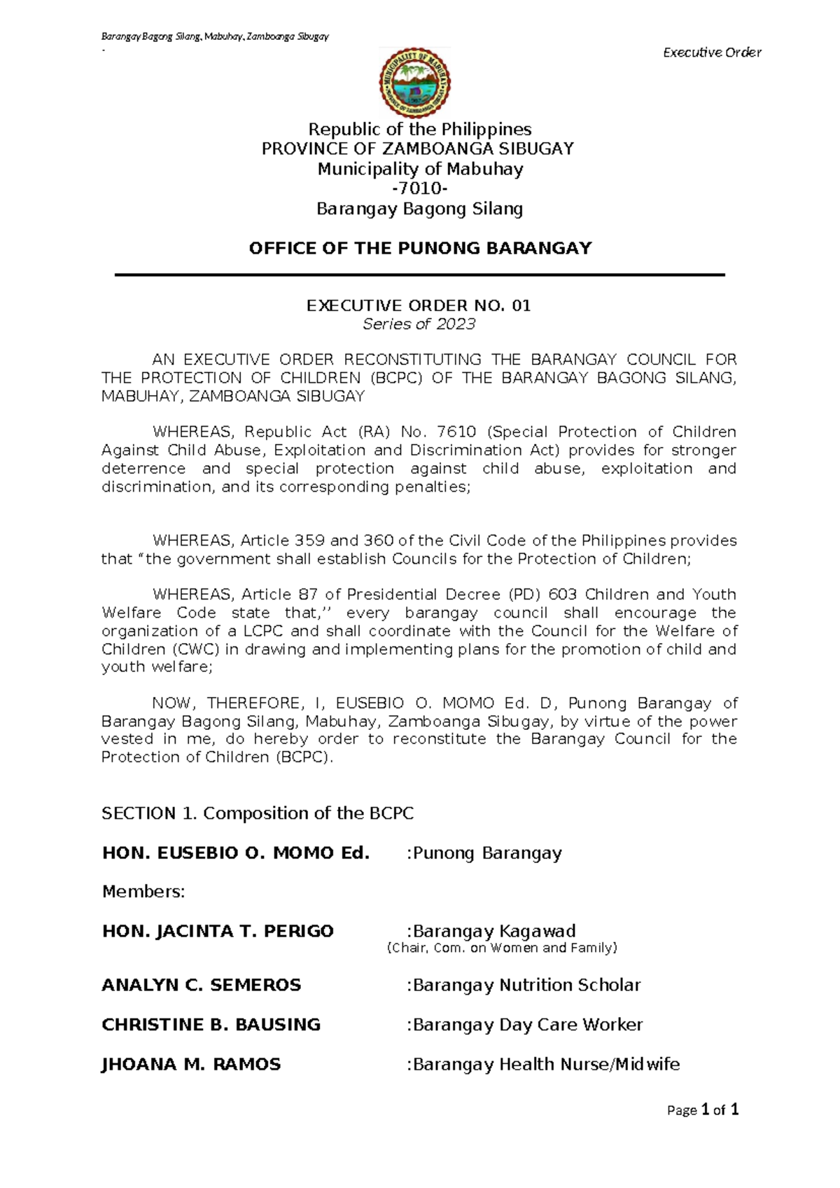 1 BCPC Organization - Barangay Bagong Silang, Mabuhay, Zamboanga ...