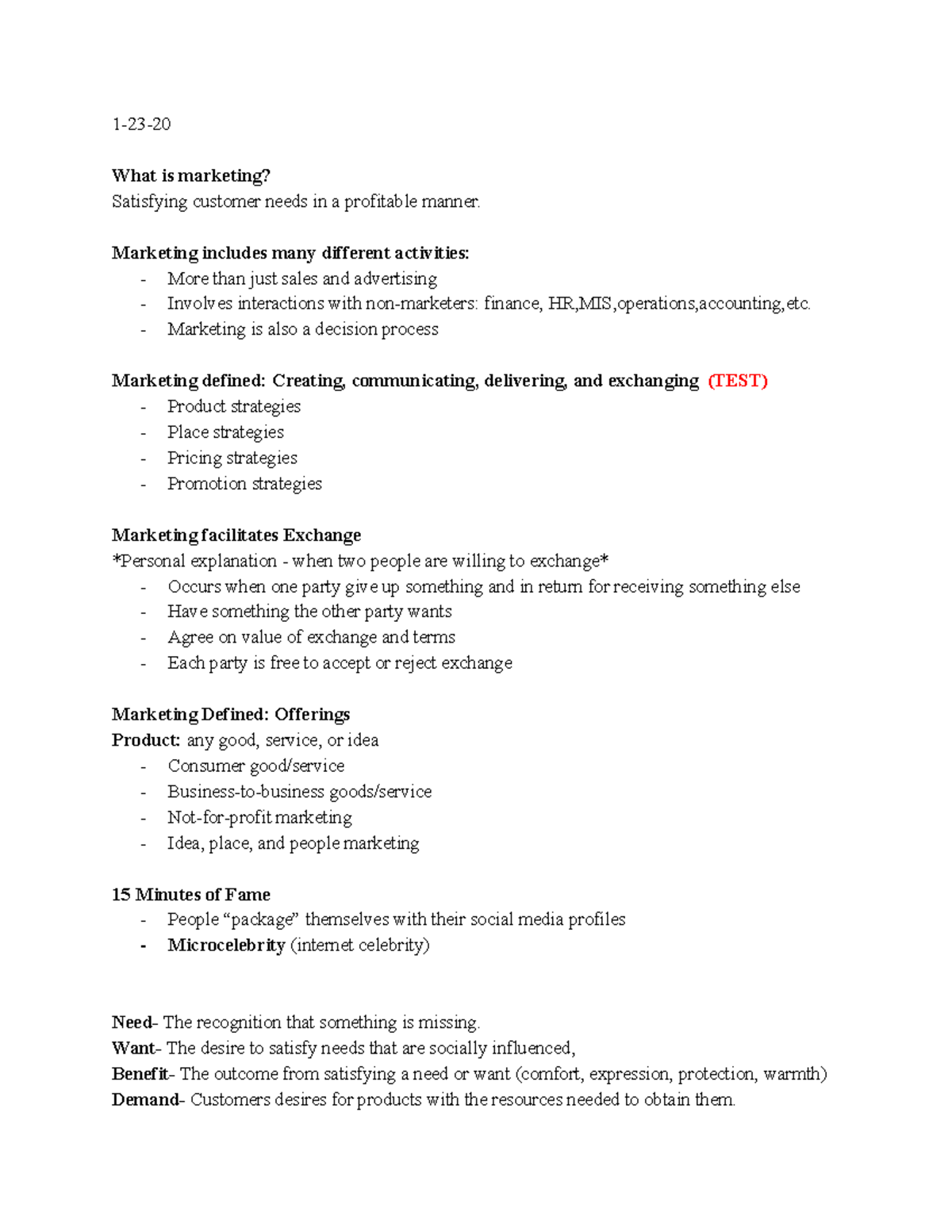 Marketing Principles Chapter 1 Notes - 1-23- What is marketing ...