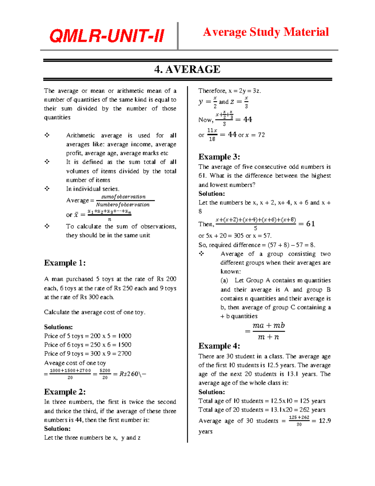 5Average Study Material pdf - 4. AVERAGE The average or mean or arithmetic mean of a number of ...