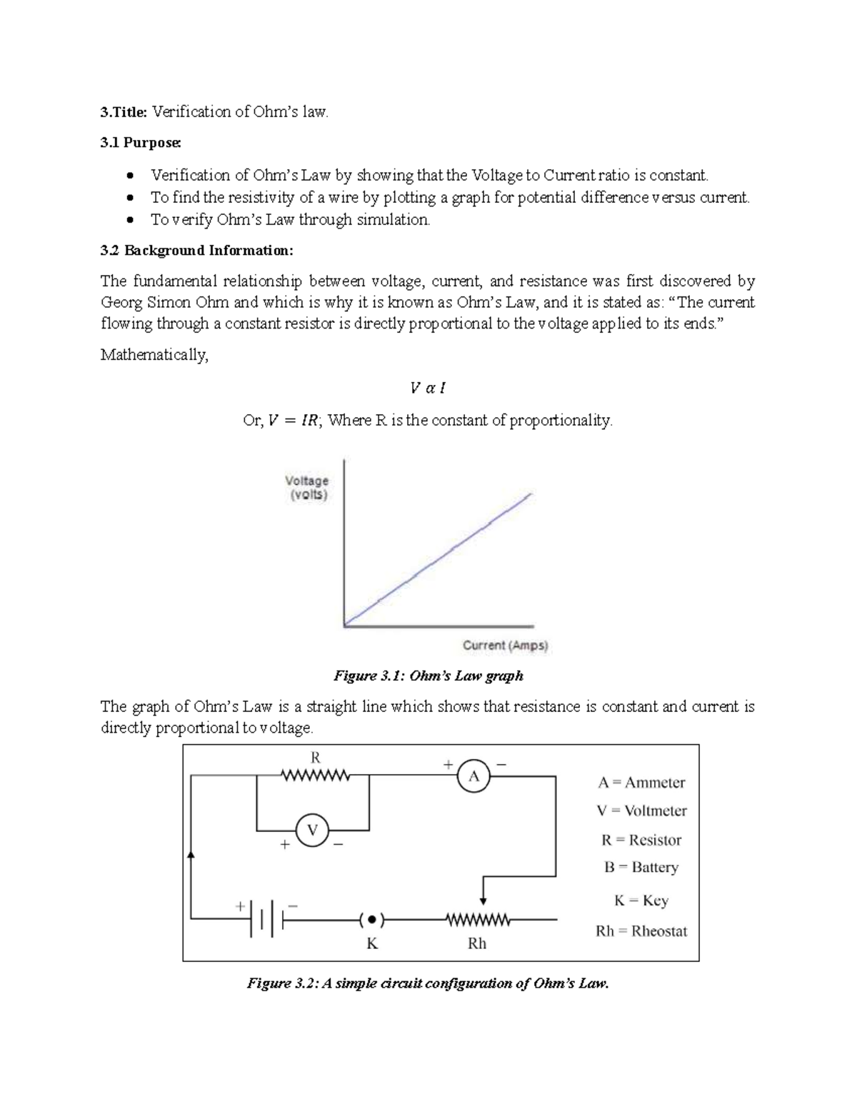 3. Verification of Ohm’s law. - 3 Purpose: Verification of Ohm’s Law by showing that the Voltage ...