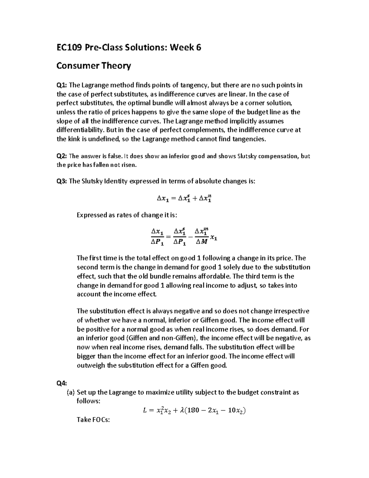 Pre-Class Solutions Week 6 - In the case of perfect substitutes, the ...
