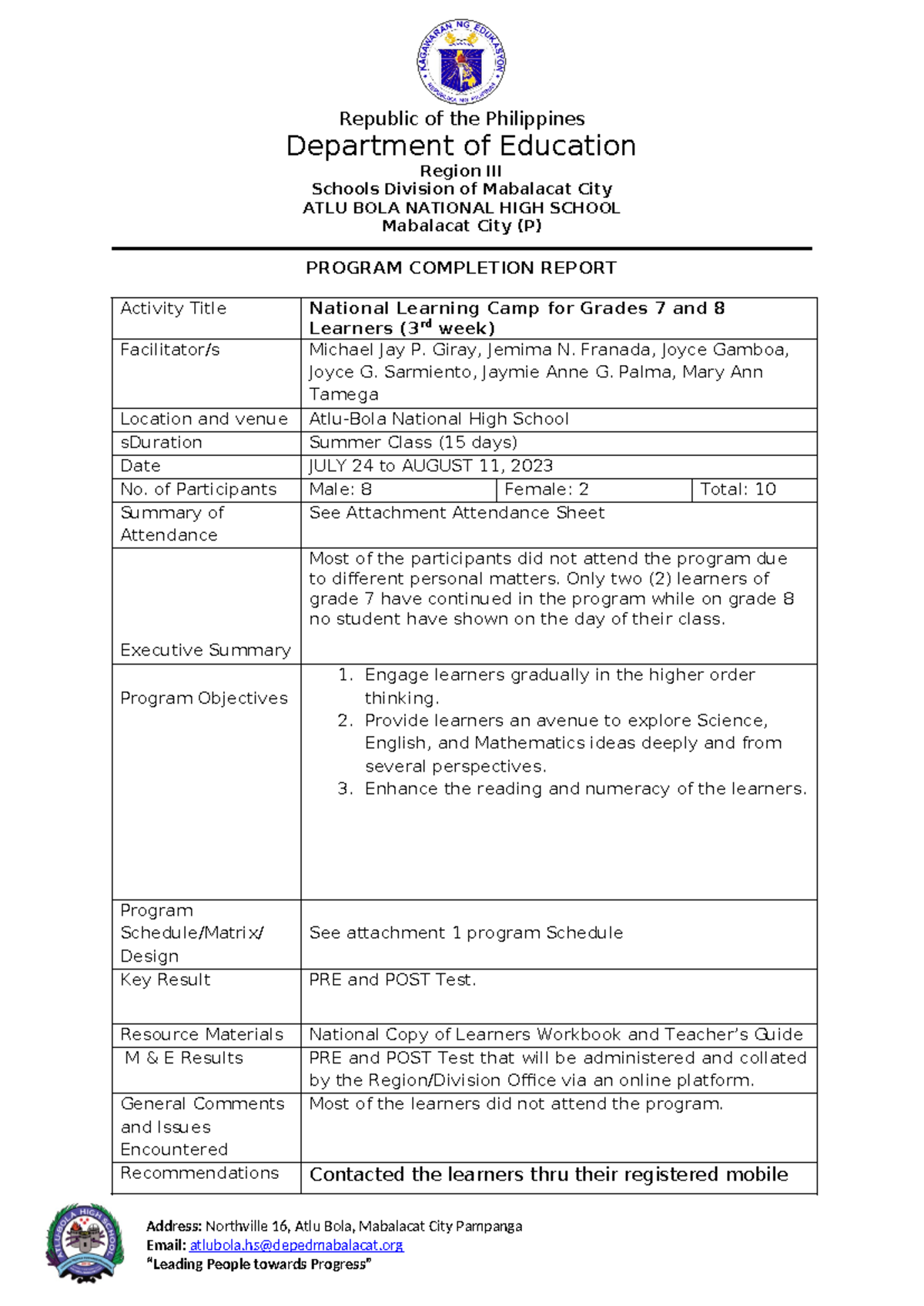NLC ACR W3 - Report only - Address: Northville 16, Atlu Bola, Mabalacat ...