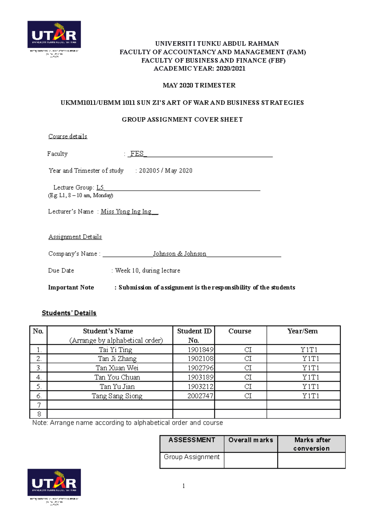 Sun Zi updated assignment (1) - UNIVERSITI TUNKU ABDUL RAHMAN FACULTY ...