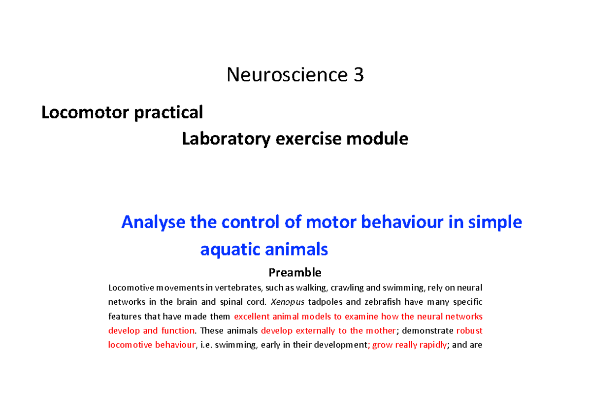 Course work university - Neuroscience 3 Locomotor practical Laboratory exercise module Analyse ...