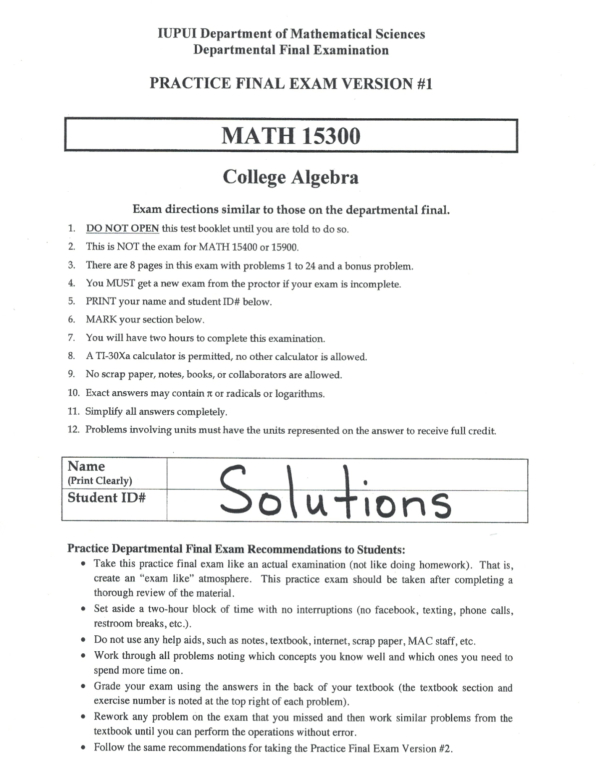 15300 Practice Final Version 1 - Step-by-Step Solutions - MATH M18 ...