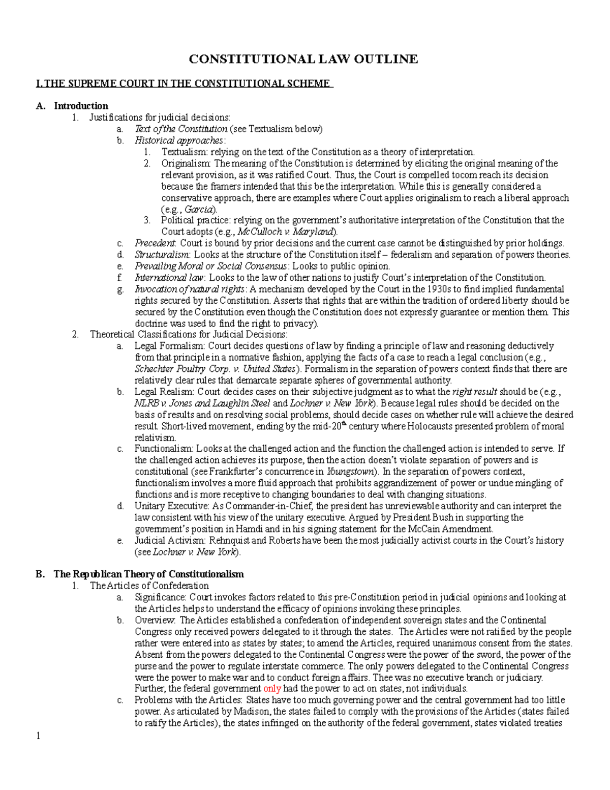 Constitutional Law Outline - 1 - CONSTITUTIONAL LAW OUTLINE I. THE ...