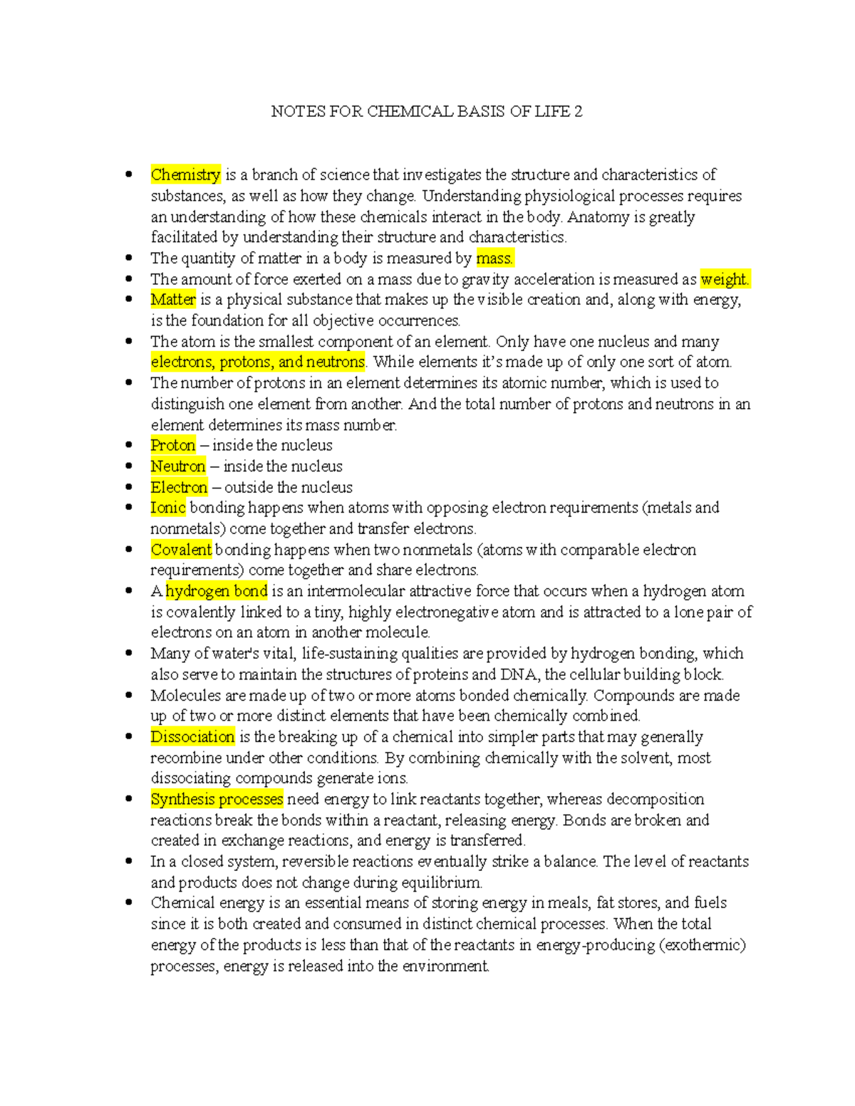 Notes FOR Chemical Basis OF LIFE 2 - NOTES FOR CHEMICAL BASIS OF LIFE 2 ...
