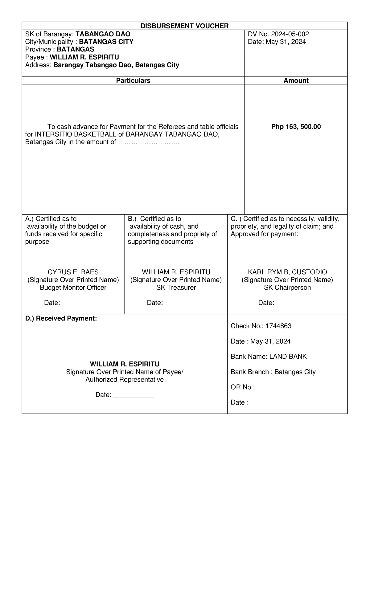 Disbursement Voucher - enjoy - DISBURSEMENT VOUCHER SK of Barangay ...
