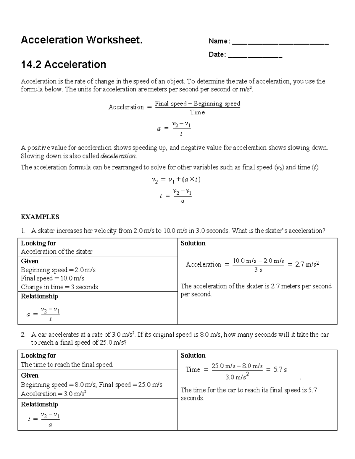 Acceleration Calculations Worksheet - Acceleration Worksheet. Name ...