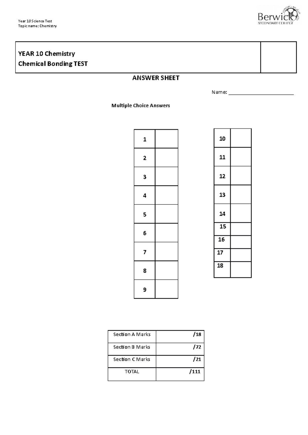 Test Yr10 chem-chemical bonding - Topic name: Chemistry YEAR 10 ...