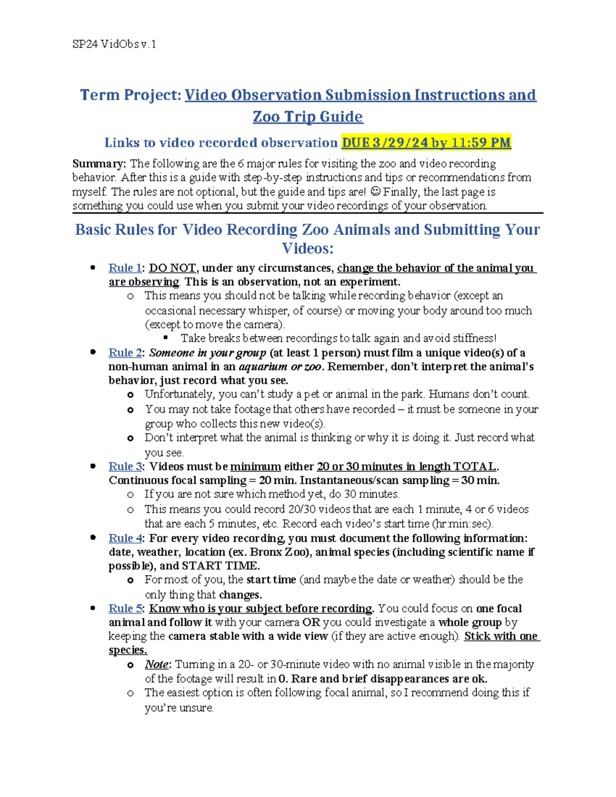 Zoo Trip and Video Observation Instructions and Guide SP24 v - Term ...
