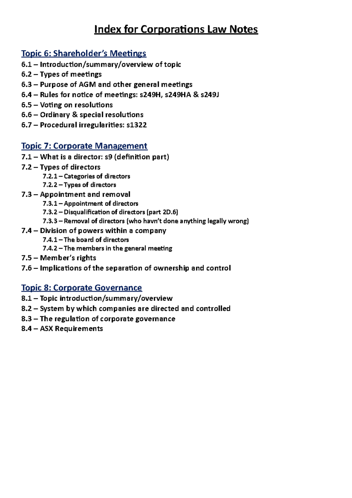 Topical Index for Notes - Index for Corporations Law Notes Topic 6 ...