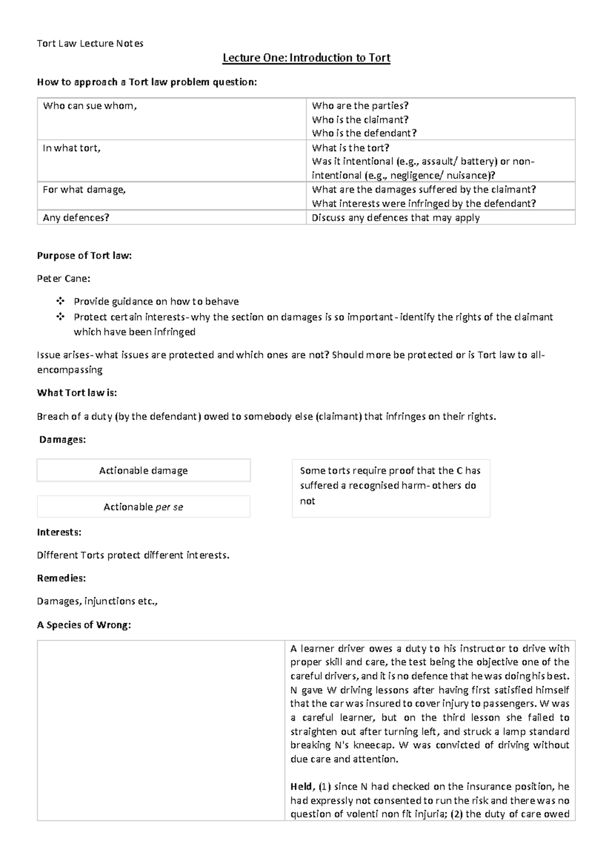 New law of torts lecture notes - Lecture One: Introduction to Tort How ...