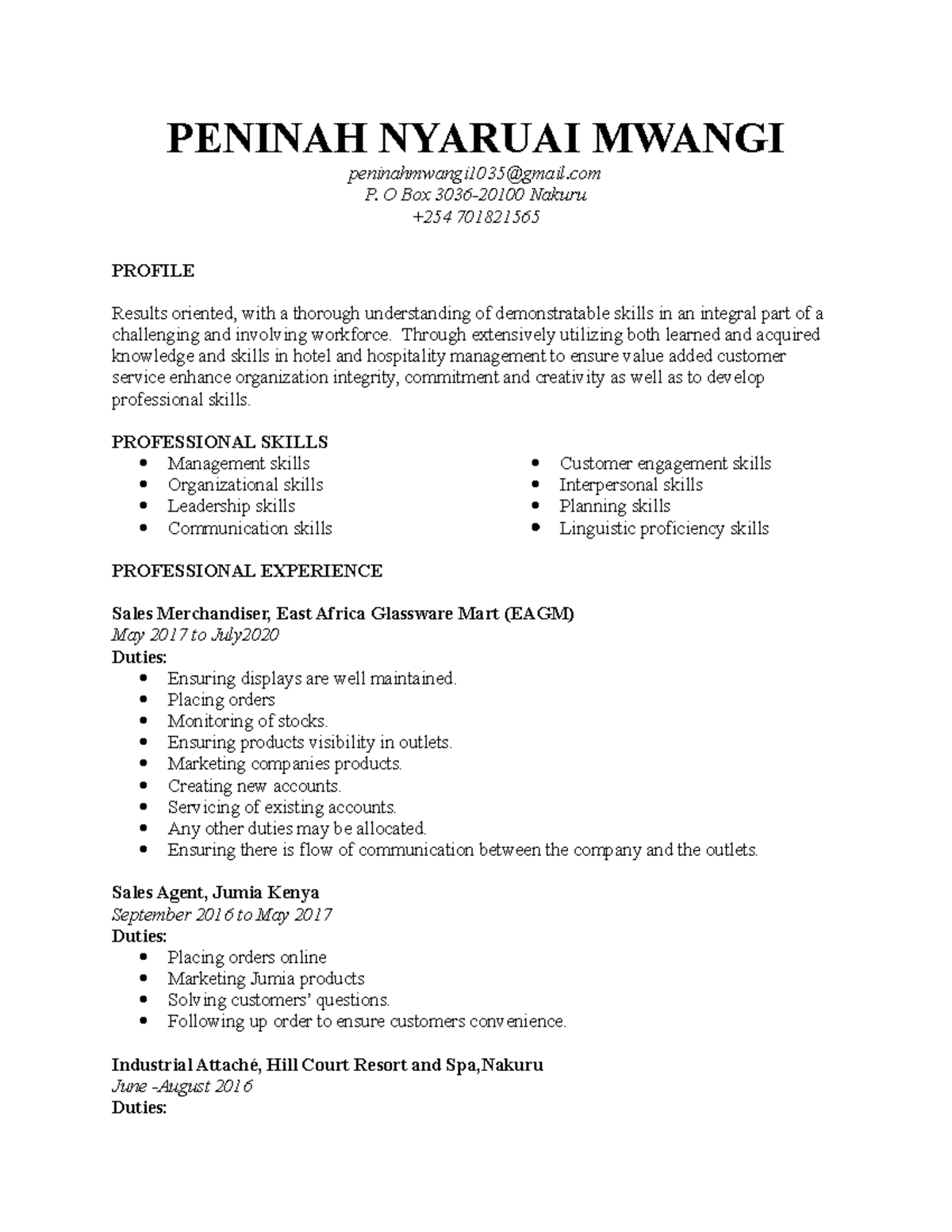 Peninah CV - PENINAH NYARUAI MWANGI peninahmwangi1035@gmail P. O Box ...