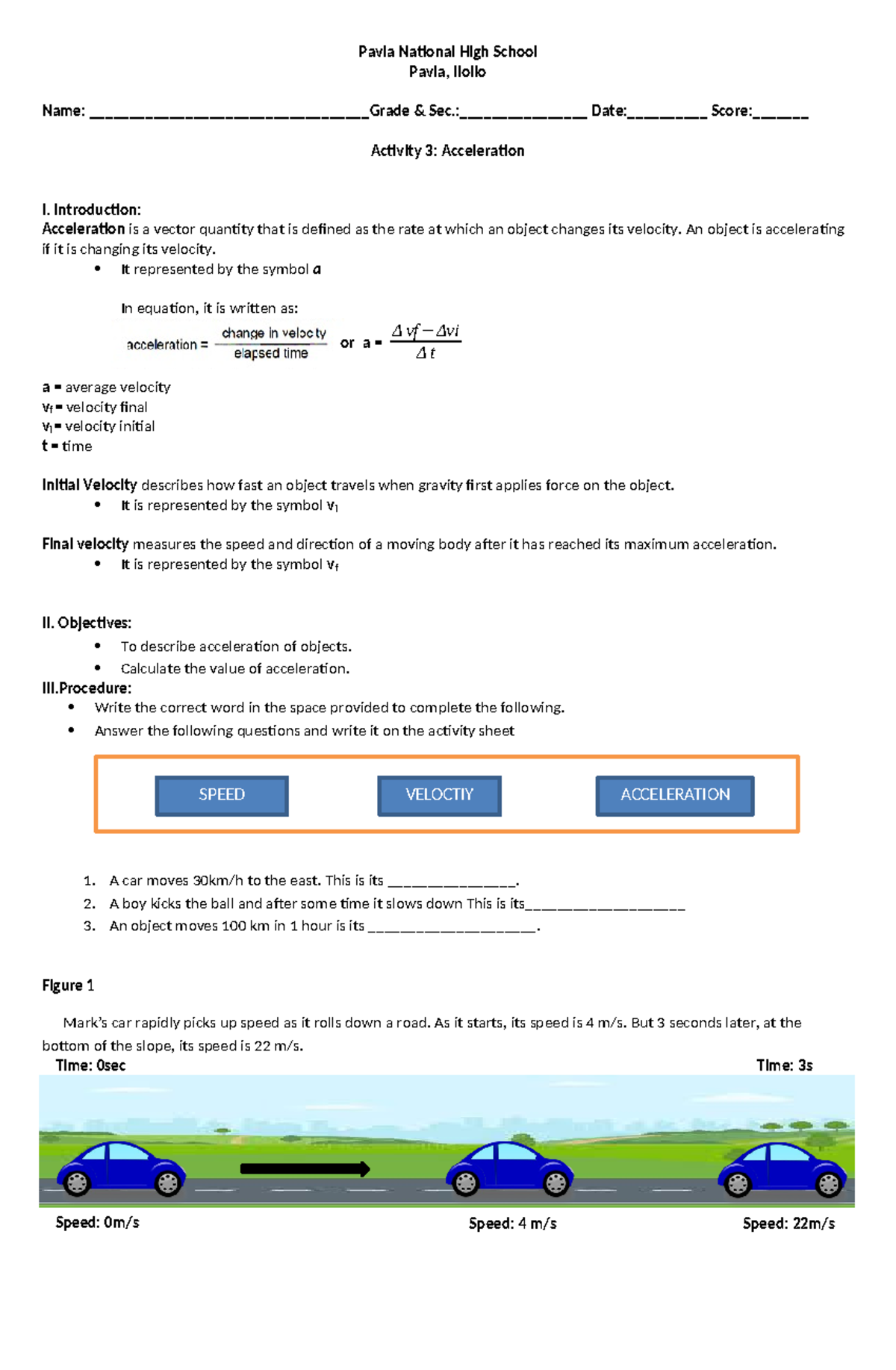 Activity 3 Acceleration - Pavia National High School Pavia, Iloilo Name ...