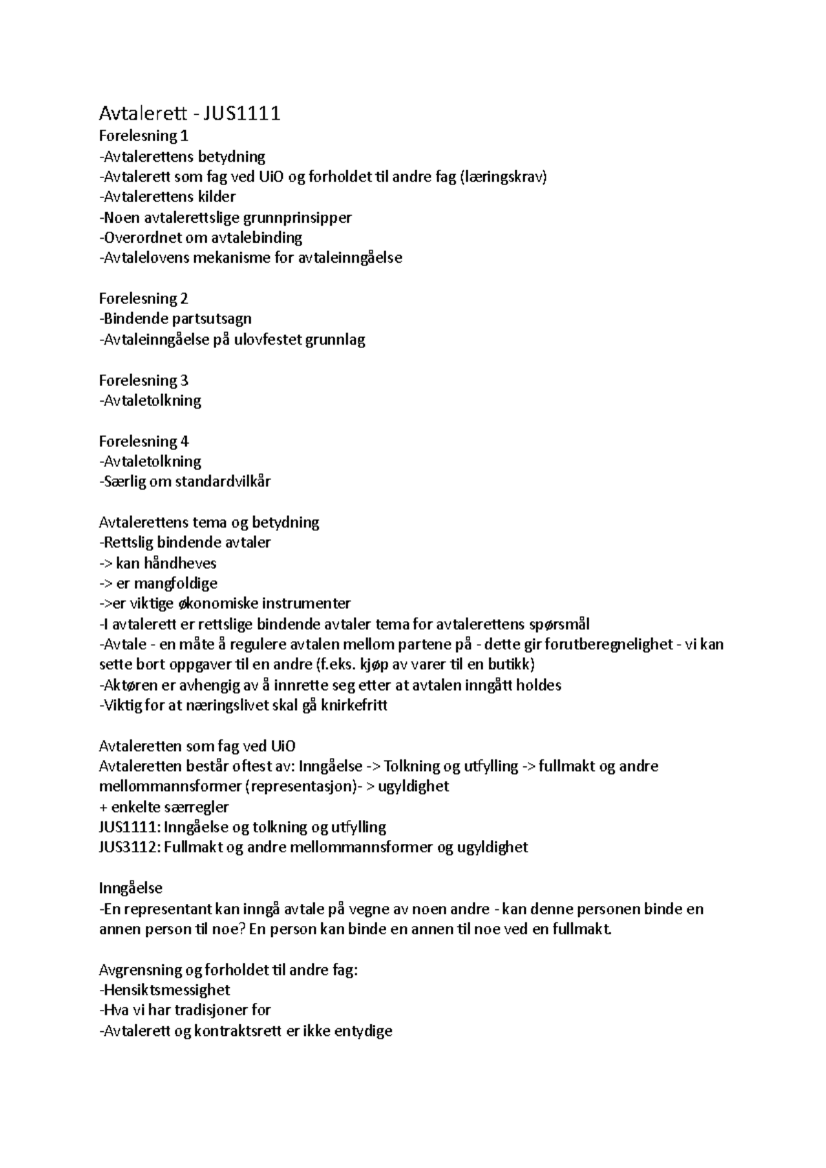 Avtalerett - JUS1111 - Privatrett - Forelesningsnotater - Avtalerett - JUS Forelesning 1 - Studocu