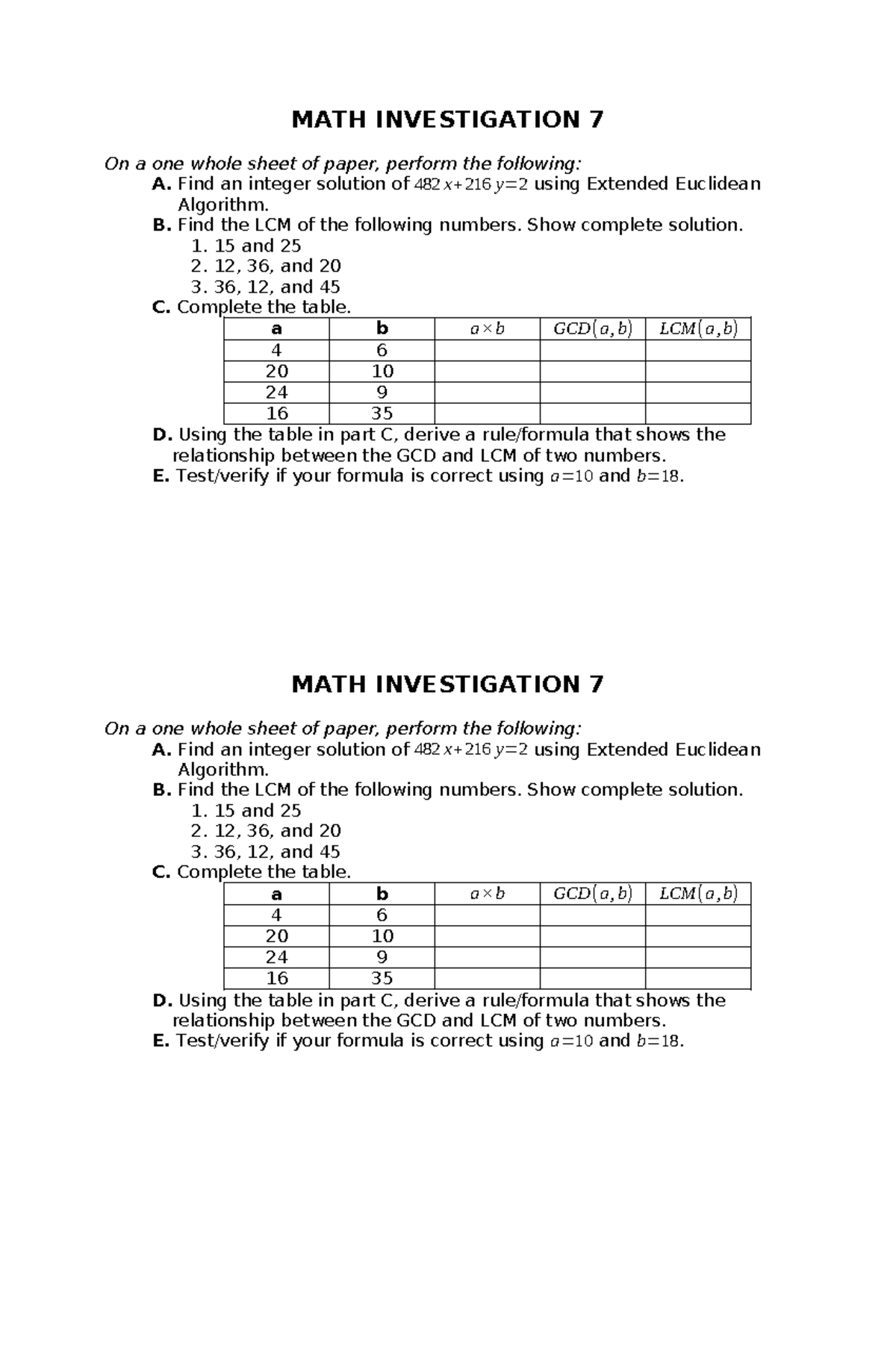 MATH Investigation 8 Periodic Test - MATH INVESTIGATION 7 On a one ...