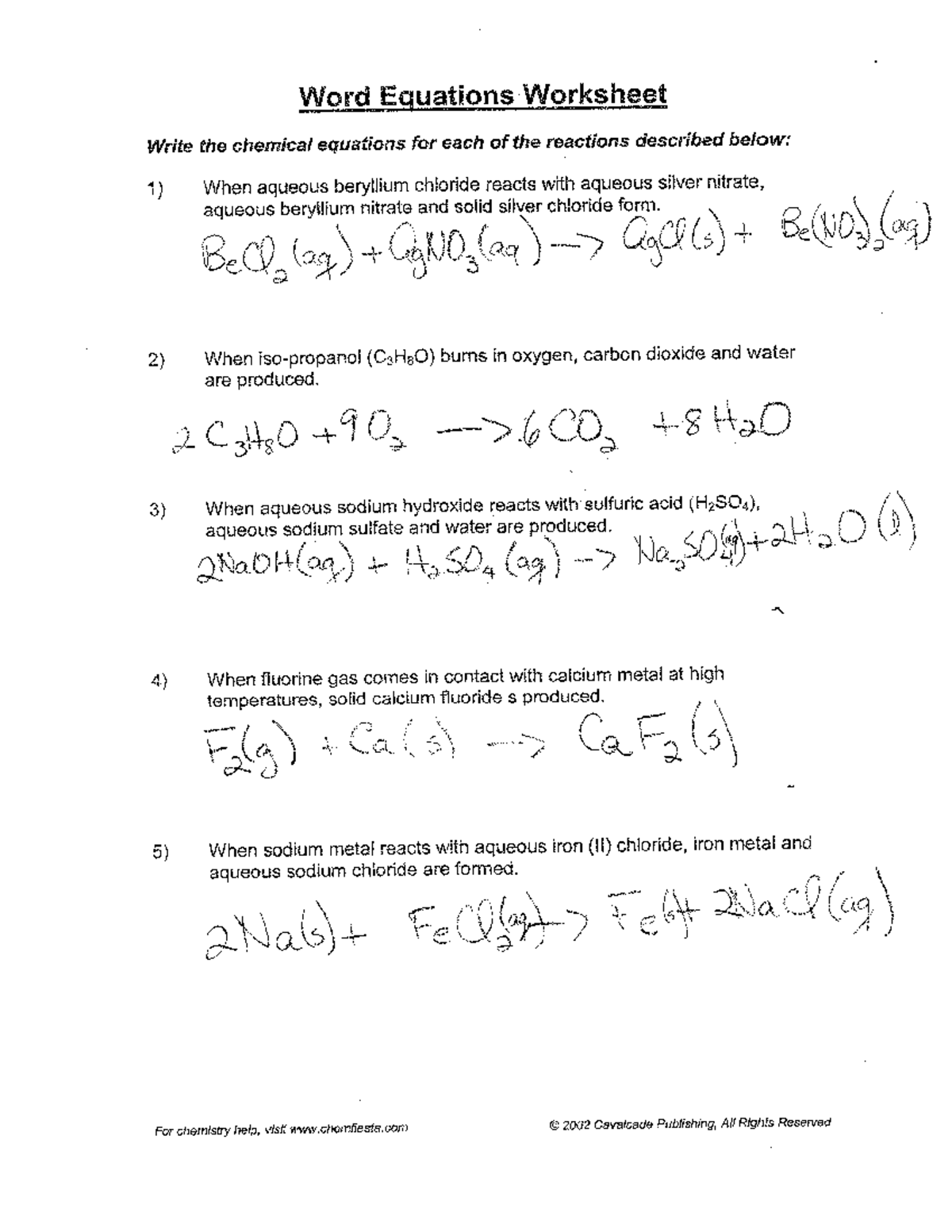 Bal Eqn Key 2 - Balancing equations pracitce key - CHEM 101 - Illinois ...