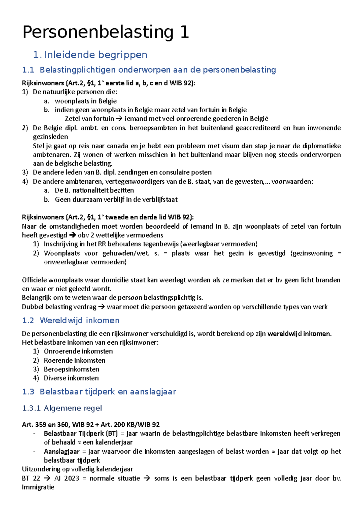 Personenbelasting 1 samenvatting - Personenbelasting 1 1. Inleidende ...