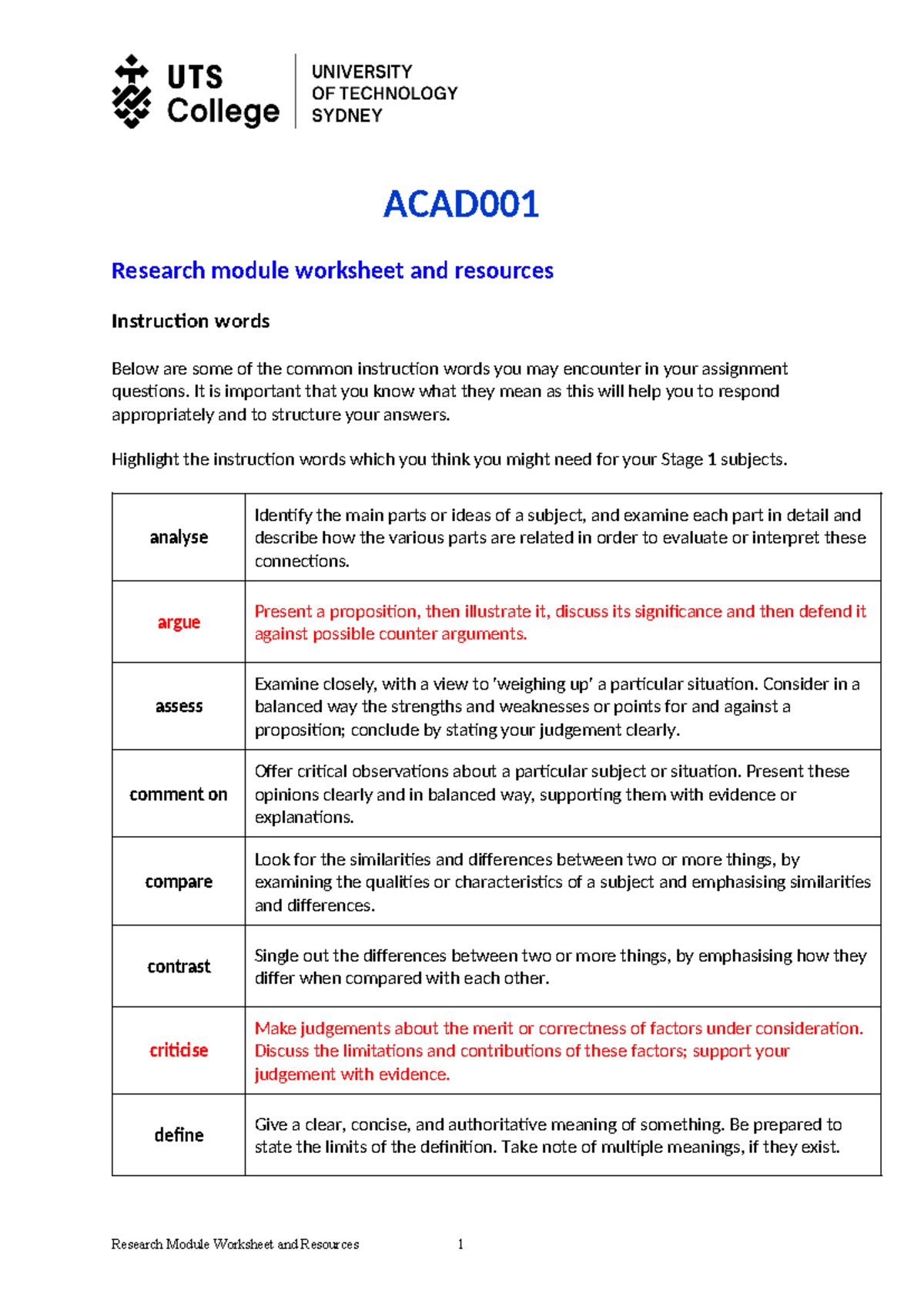 ACAD001 Research Module worksheet and resources 2024 S1 V2 - ACAD ...