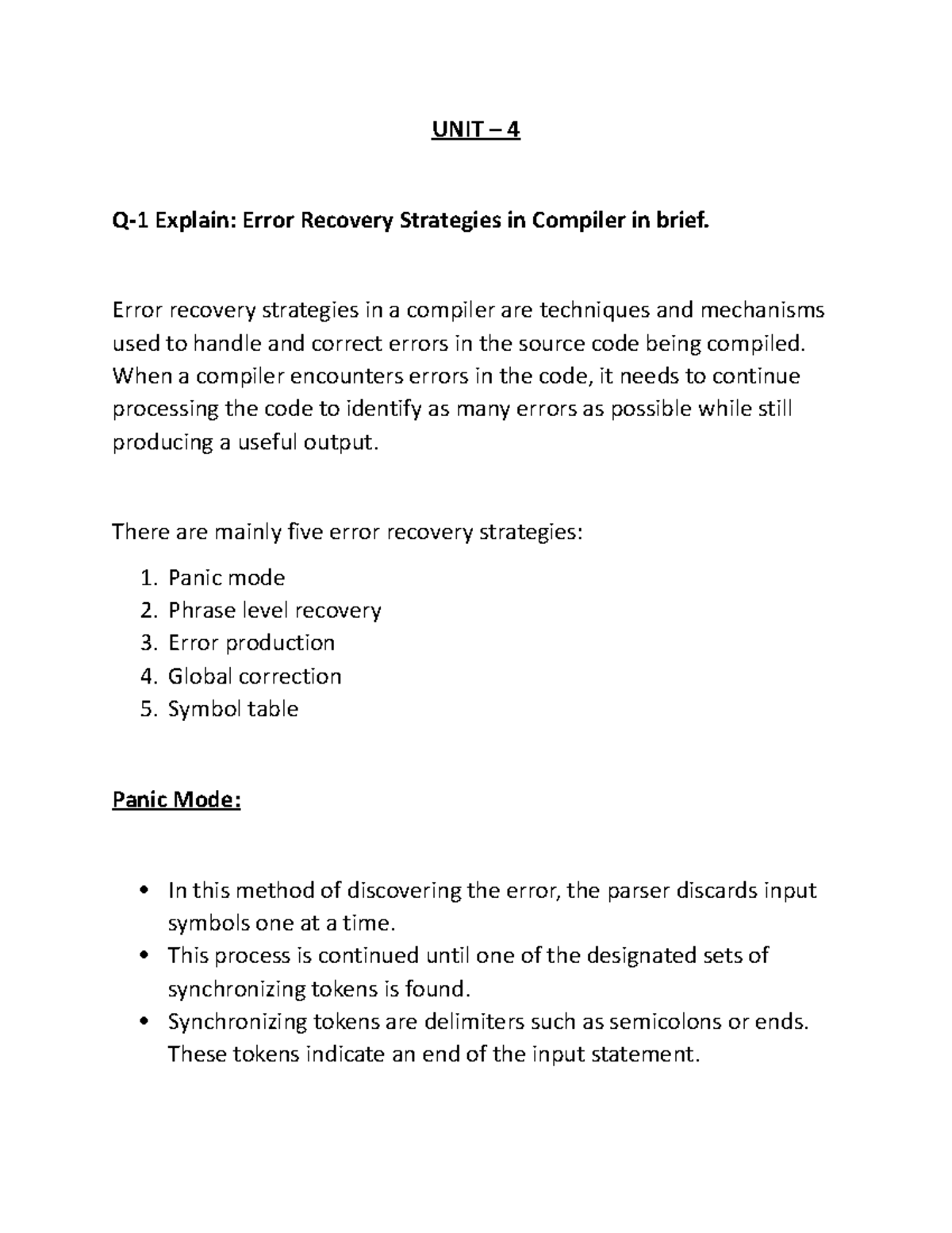Answer Bank Compiler Design Unit 4 Q 1 Explain Error Recovery Strategies In Compiler In