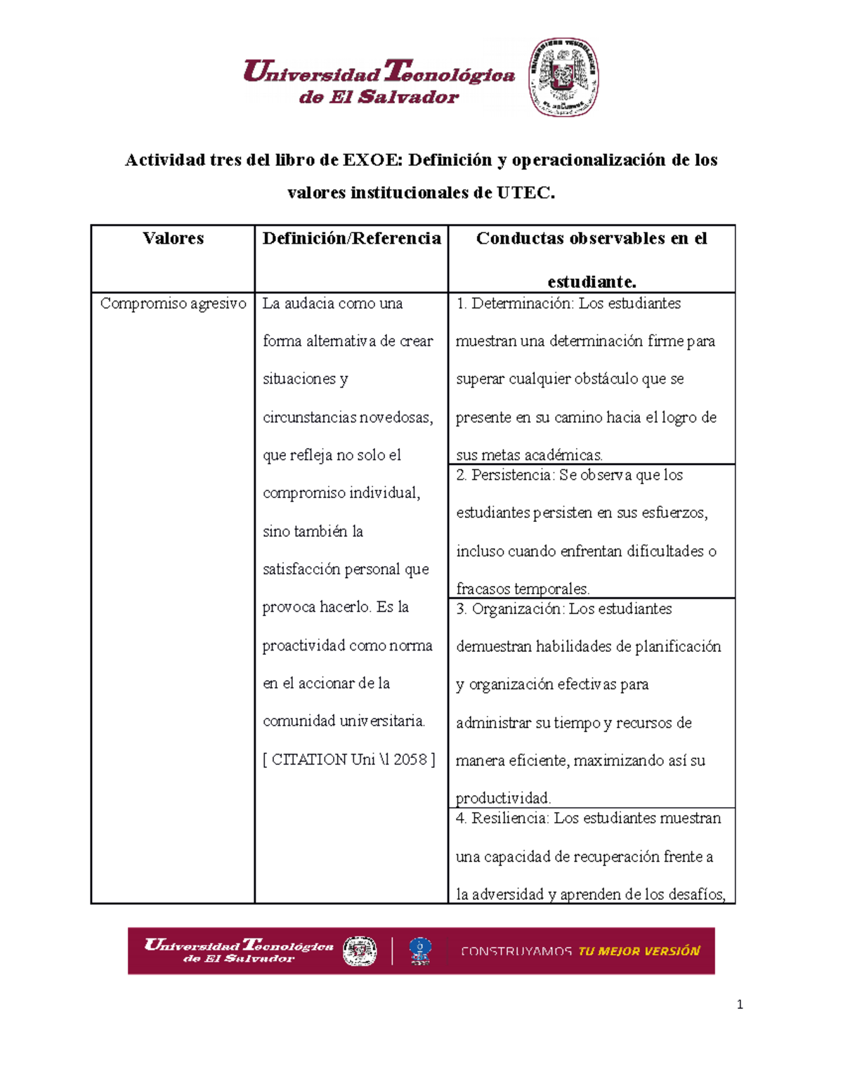 Actividad tres del libro de EXOE valores institucionales de UTEC ...