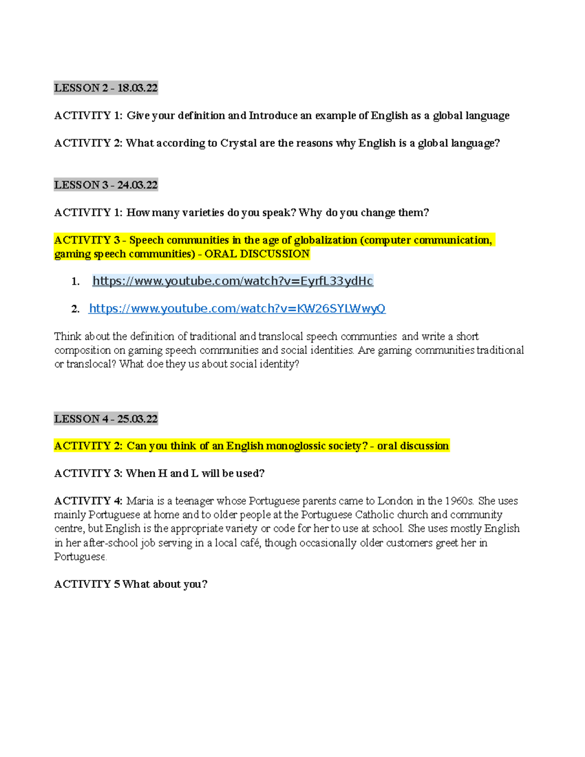 Attività inglese III (scritte e orali) - LESSON 2 - 18. ACTIVITY 1 ...