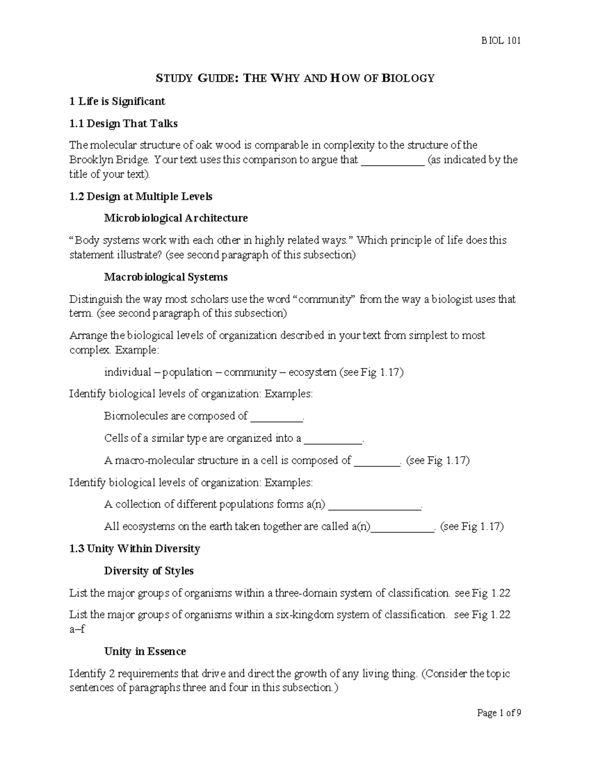 Study Guide The Why and How of Biology - STUDY GUIDE: THE WHY AND HOW ...