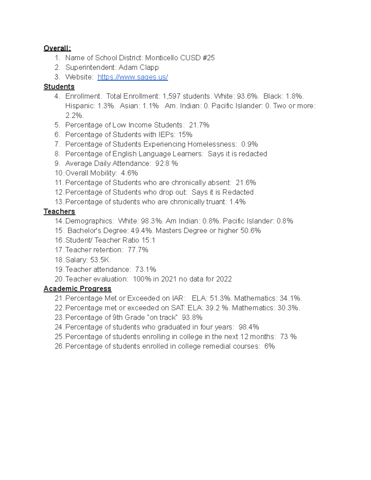 Chapter 11 Reflection - Overall: 1. Name of School District: Monticello ...