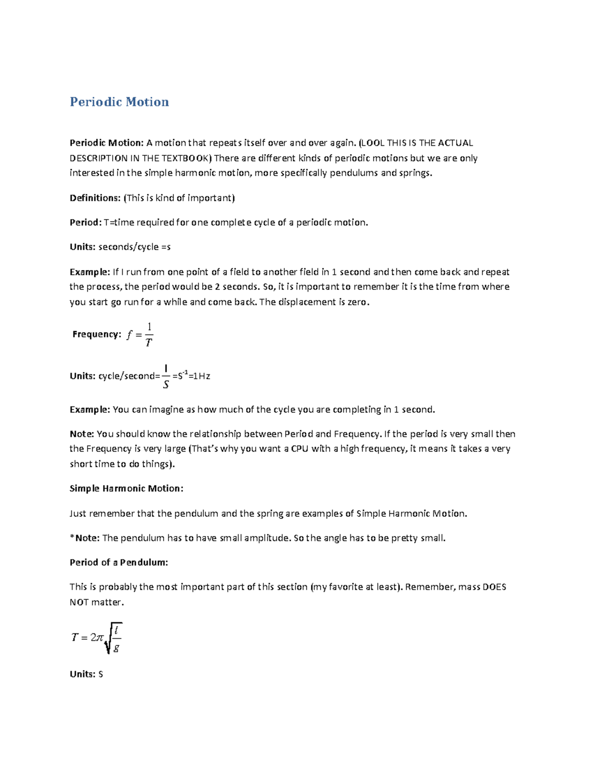 Periodic Motion - Summary Gen Physics I Calc Based (Lec) - Periodic ...