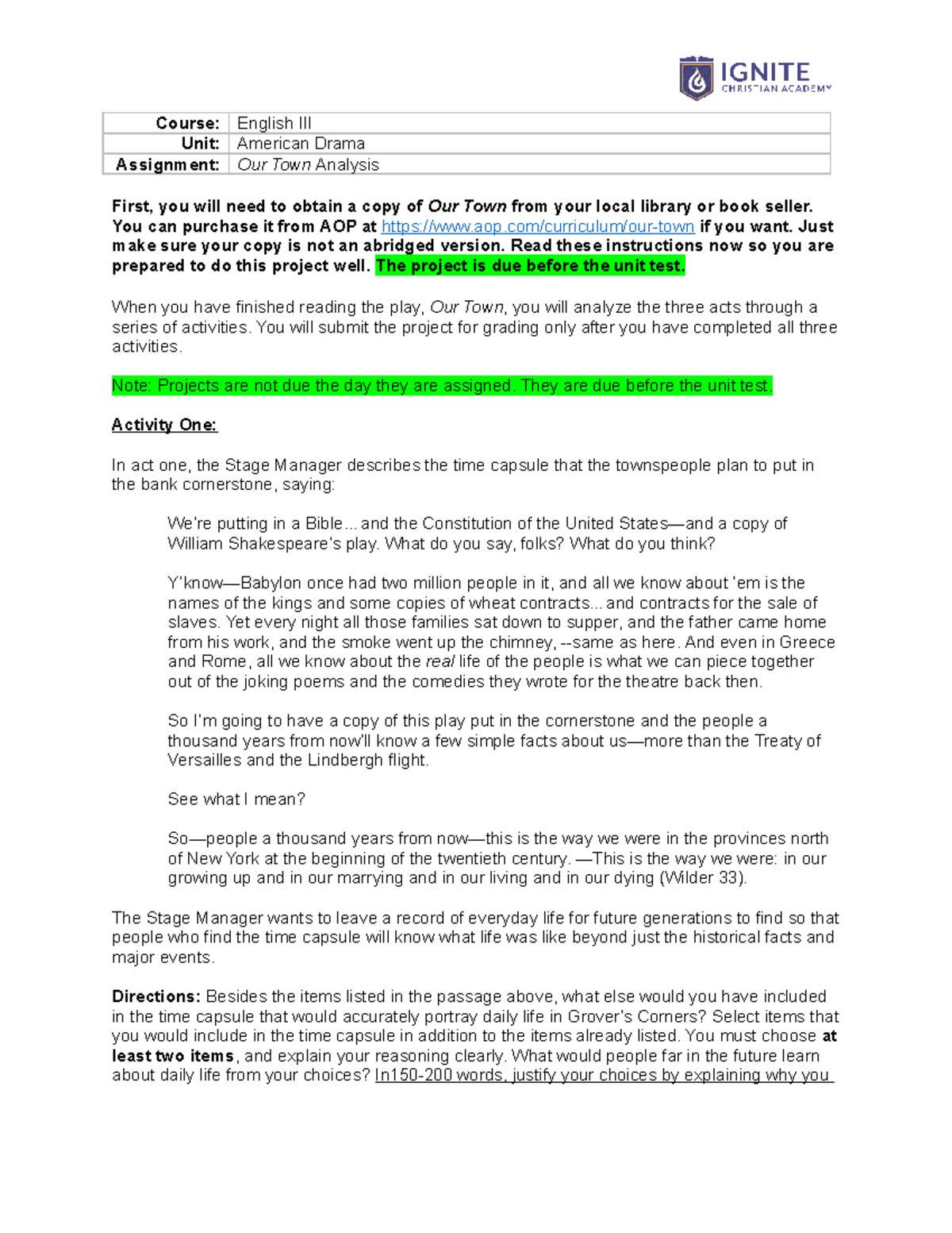 Last Name-L1107-Our Town Analysis 2 - Course: English III Unit ...