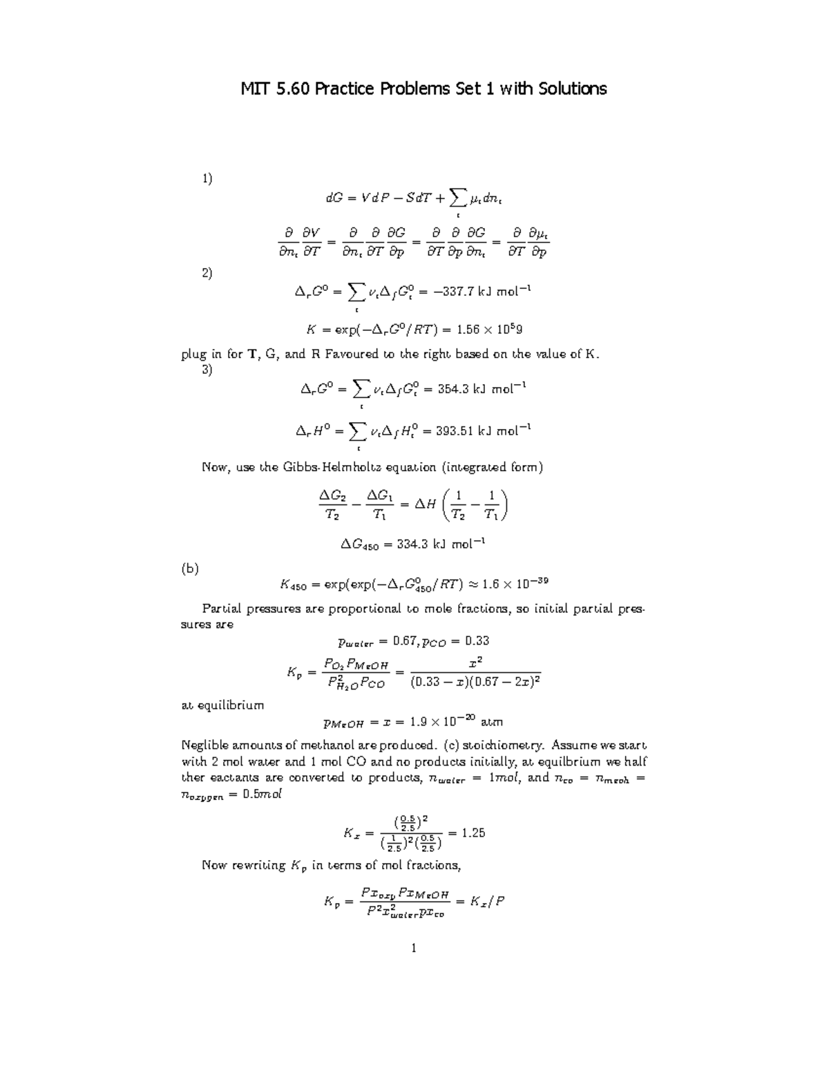 Practice Problems Set 1 With Solutions 1 Dg V Dp−sdt ∑ I μidni ∂ ∂