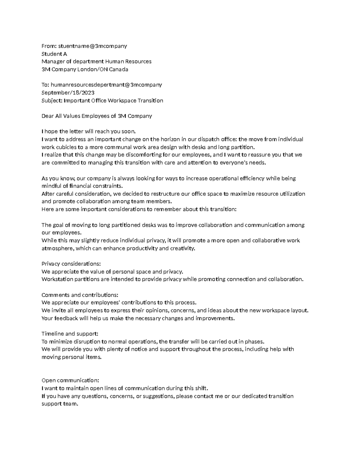 Email assignment - From: stuentname@3mcompany Student A Manager of ...