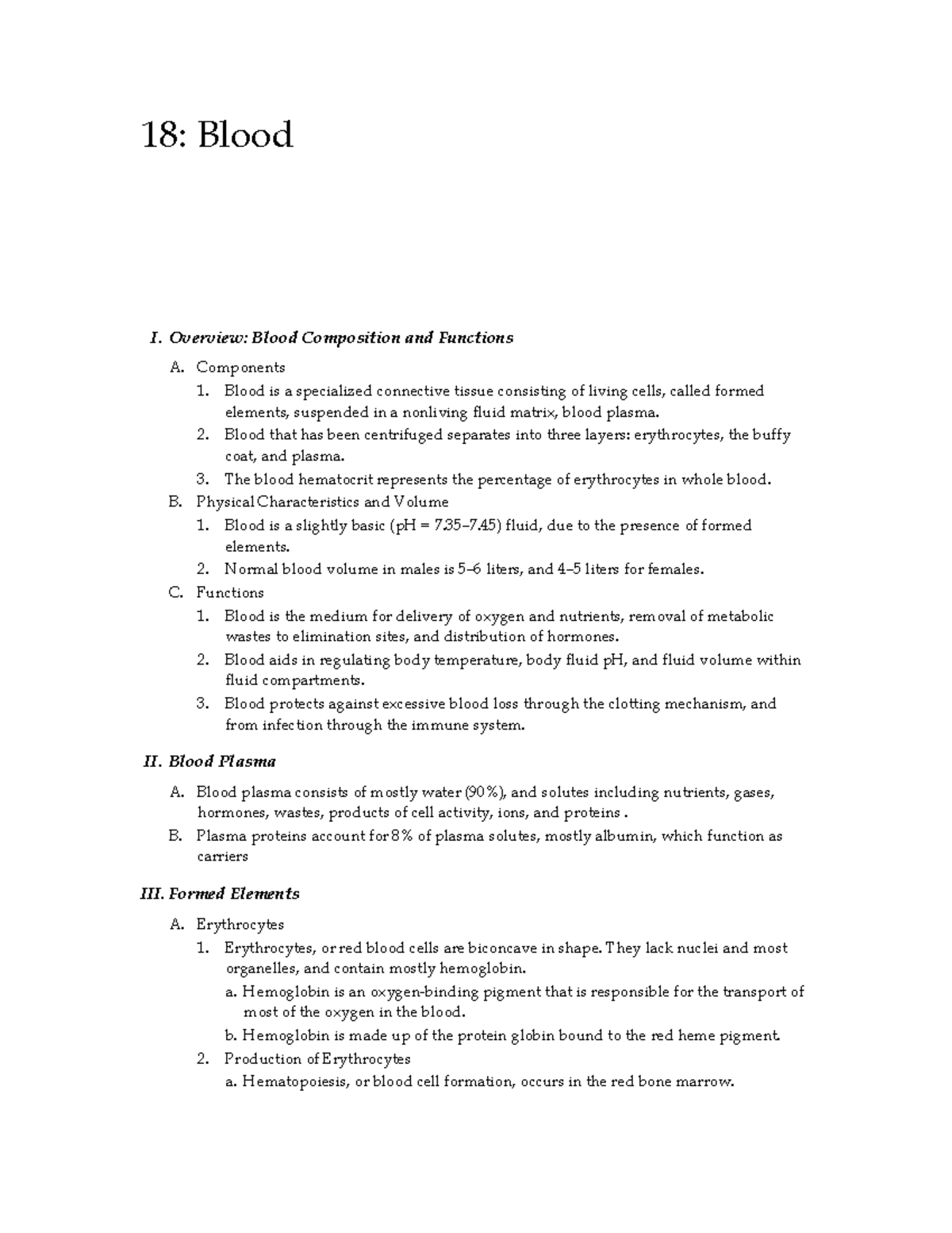 Blood Review - 18 : Blood I. Overview: Blood Composition and Functions ...