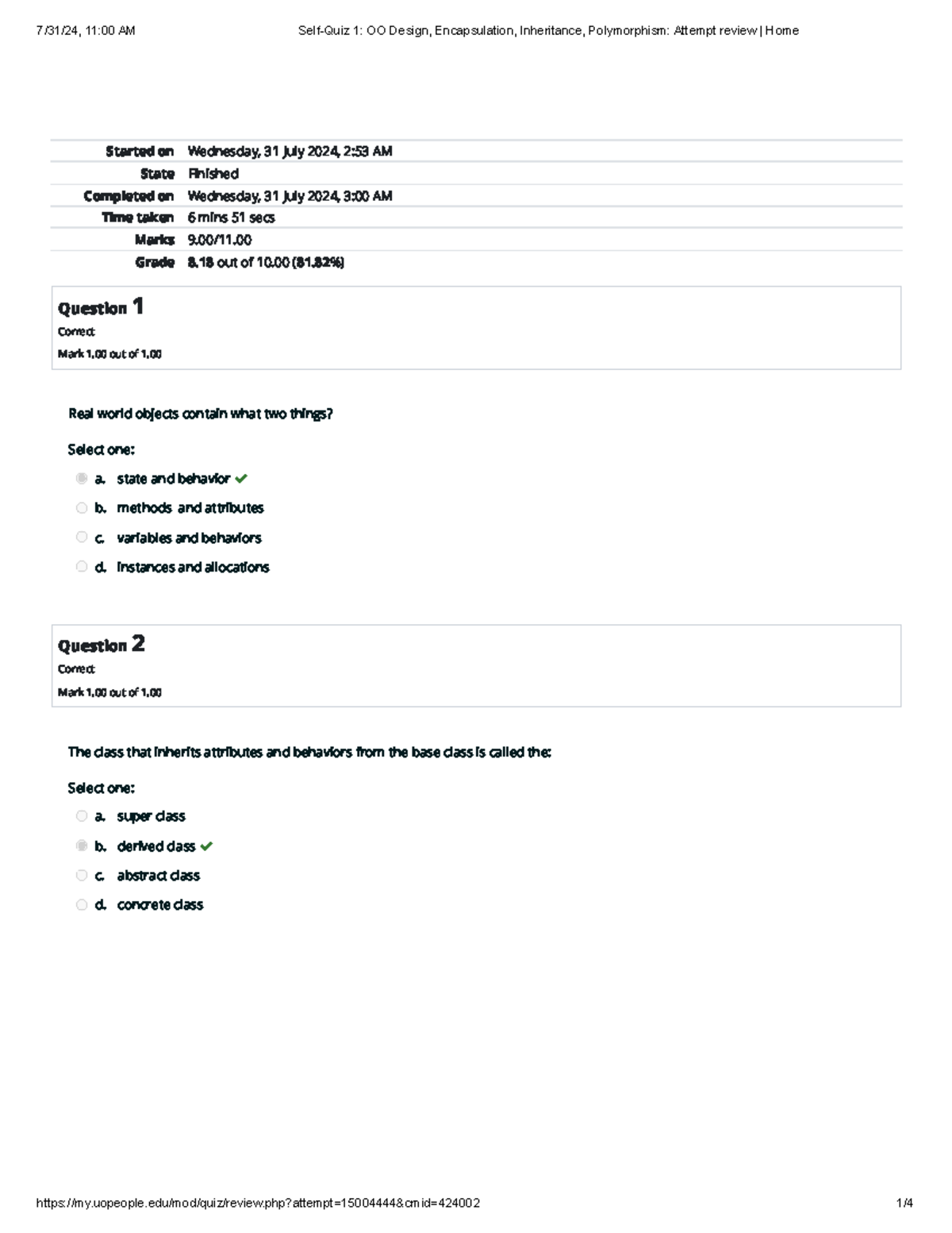 Self Quiz 1 Oo Design Encapsulation Inheritance Polymorphism Attempt Review Home Started On