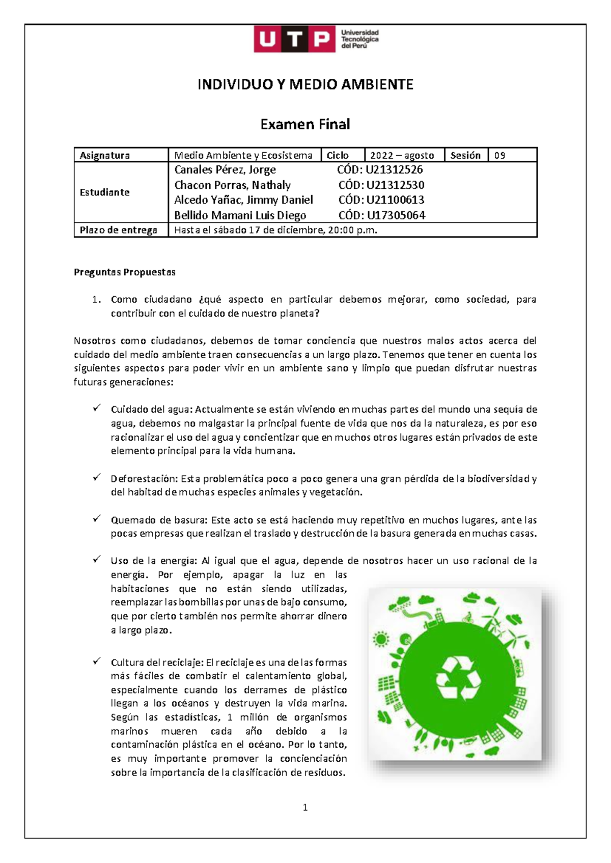 S09.s1-Examen Final - 1 INDIVIDUO Y MEDIO AMBIENTE Examen Final ...