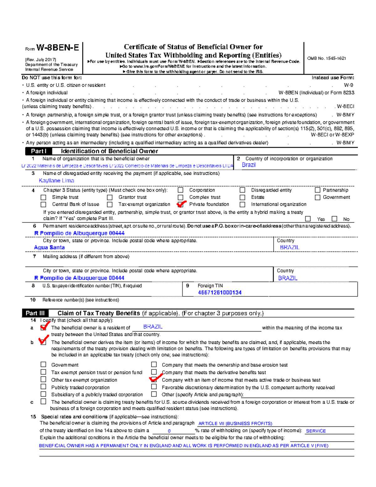 W8-Nov - Copy - OKDASADASD fmt - Form W-8BEN-E (Rev. July 2017 ...