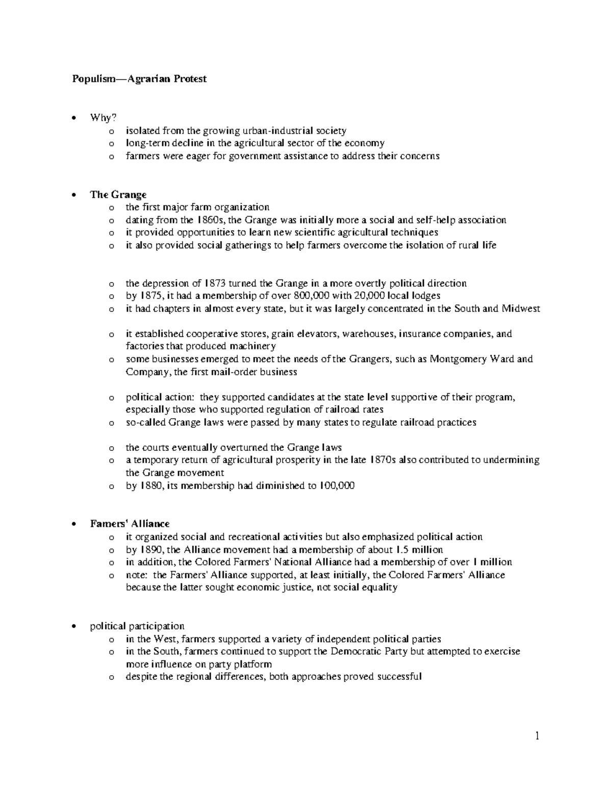 HIS 132 Populism Notes - 1 Populism—Agrarian Protest Why? o isolated ...