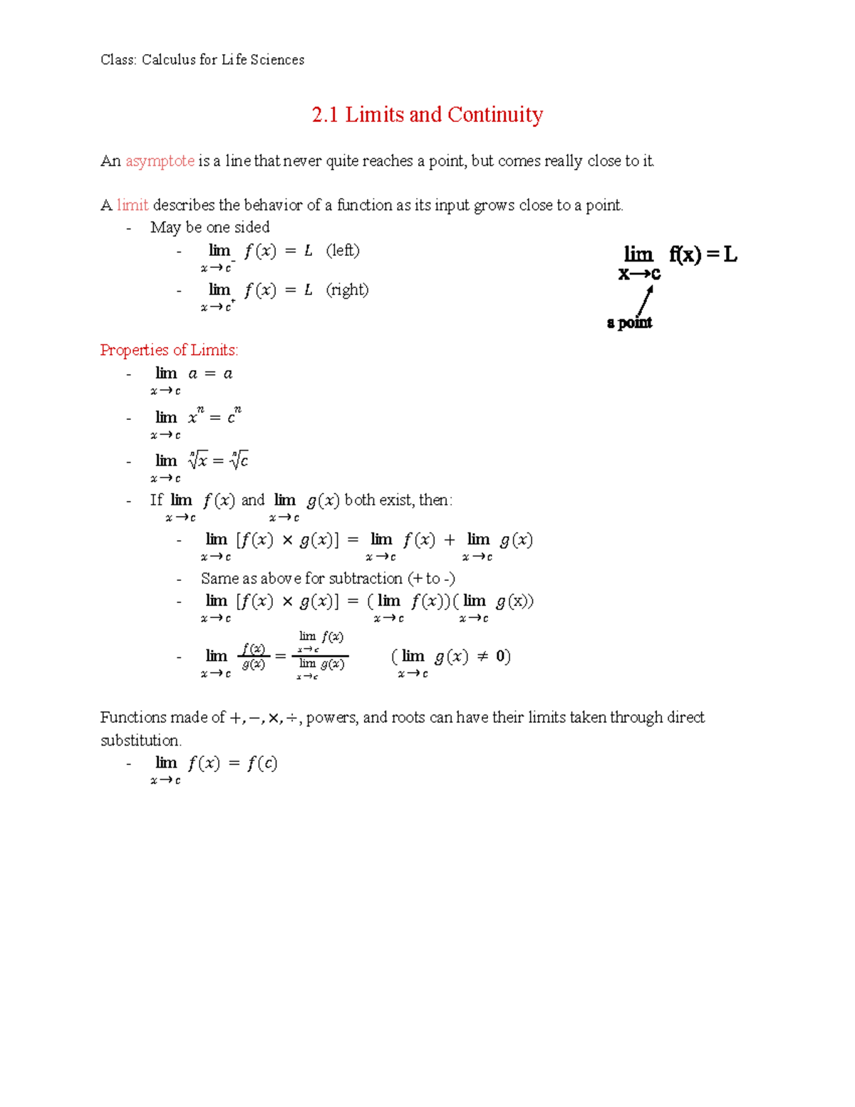 2 1 Limits And Continuity Class Calculus For Life Sciences 2 Limits