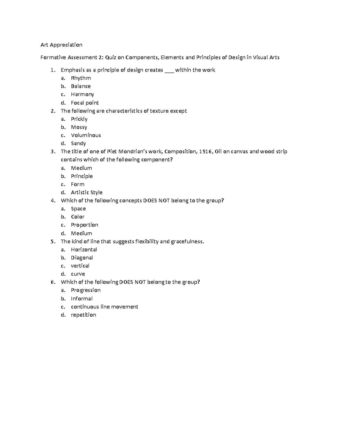 Formative Assessment 2 Quiz on Components, Elements and Principles of ...