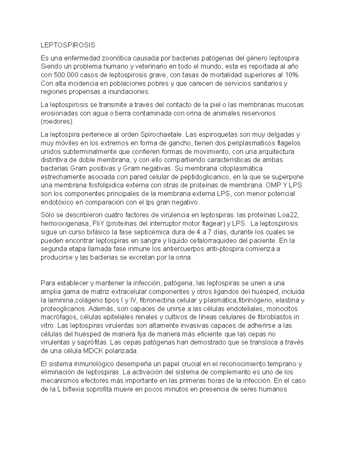 Resumen - 000000000000000000 - LEPTOSPIROSIS Es una enfermedad ...