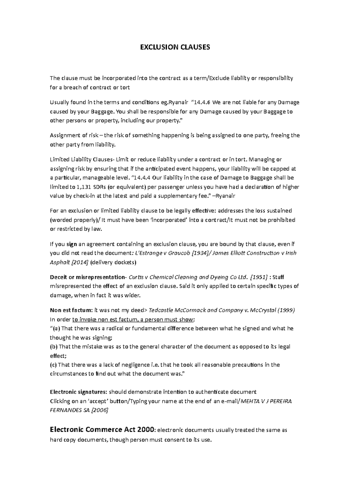 Exclusion Clauses revision - EXCLUSION CLAUSES The clause must be ...