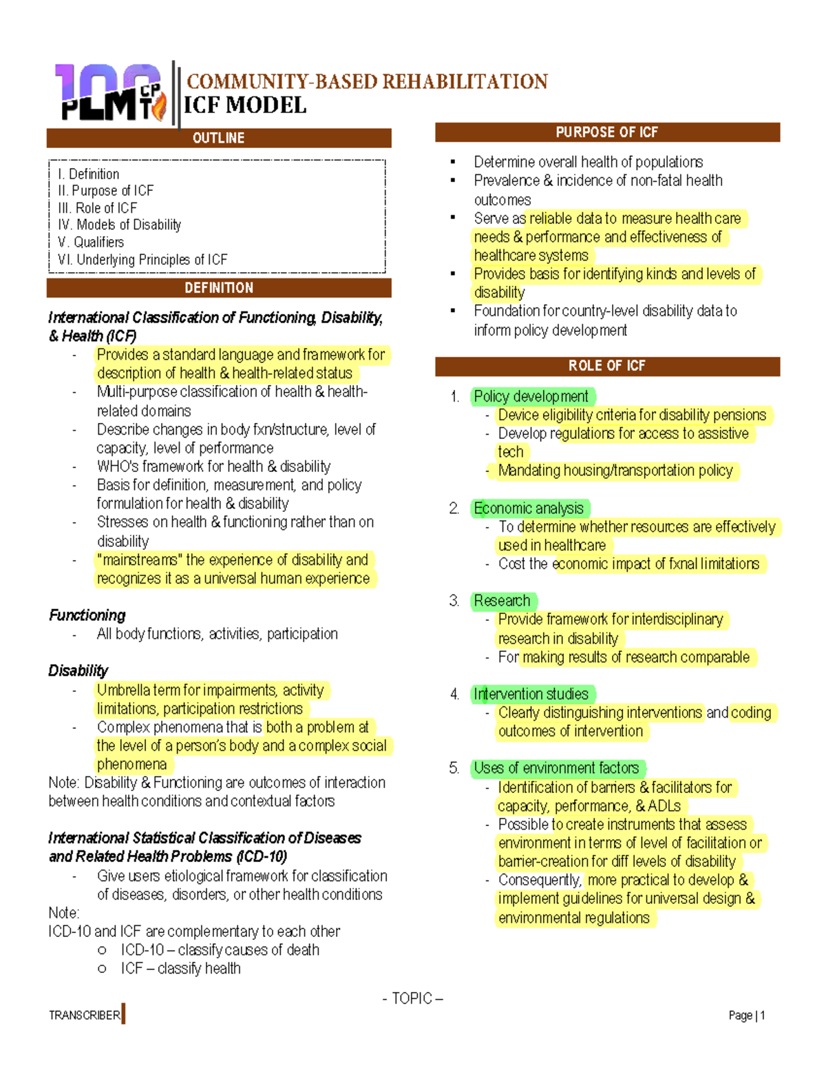 ICF model 2 - notes - TOPIC – TRANSCRIBER Page | 1 I. Definition II ...