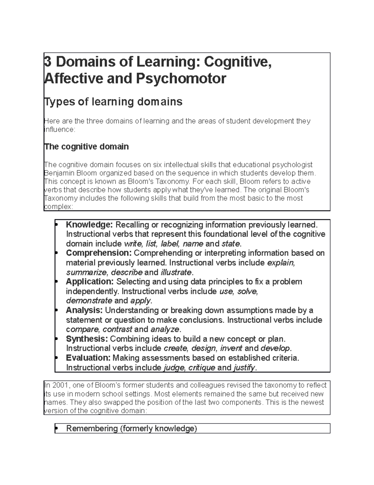 3 Domains of Learning - This concept is known as Taxonomy. For each ...