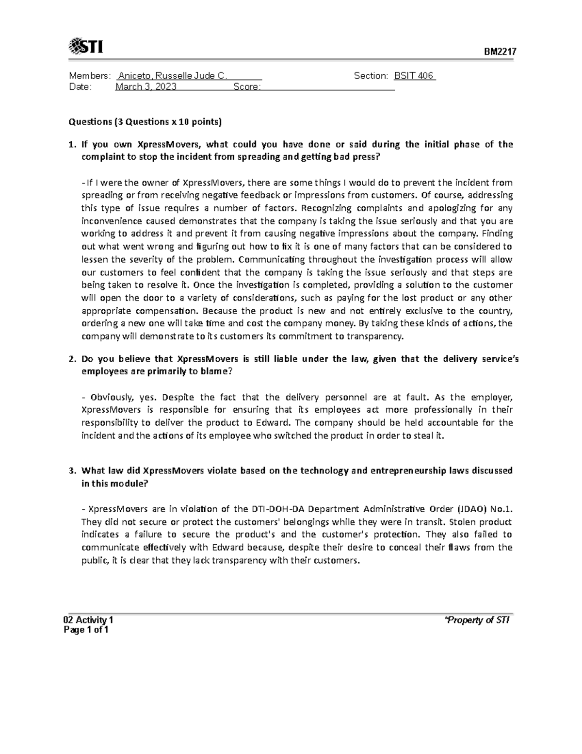 Aniceto 02 Activity 1 - essay - BM Members: Aniceto, Russelle Jude C ...