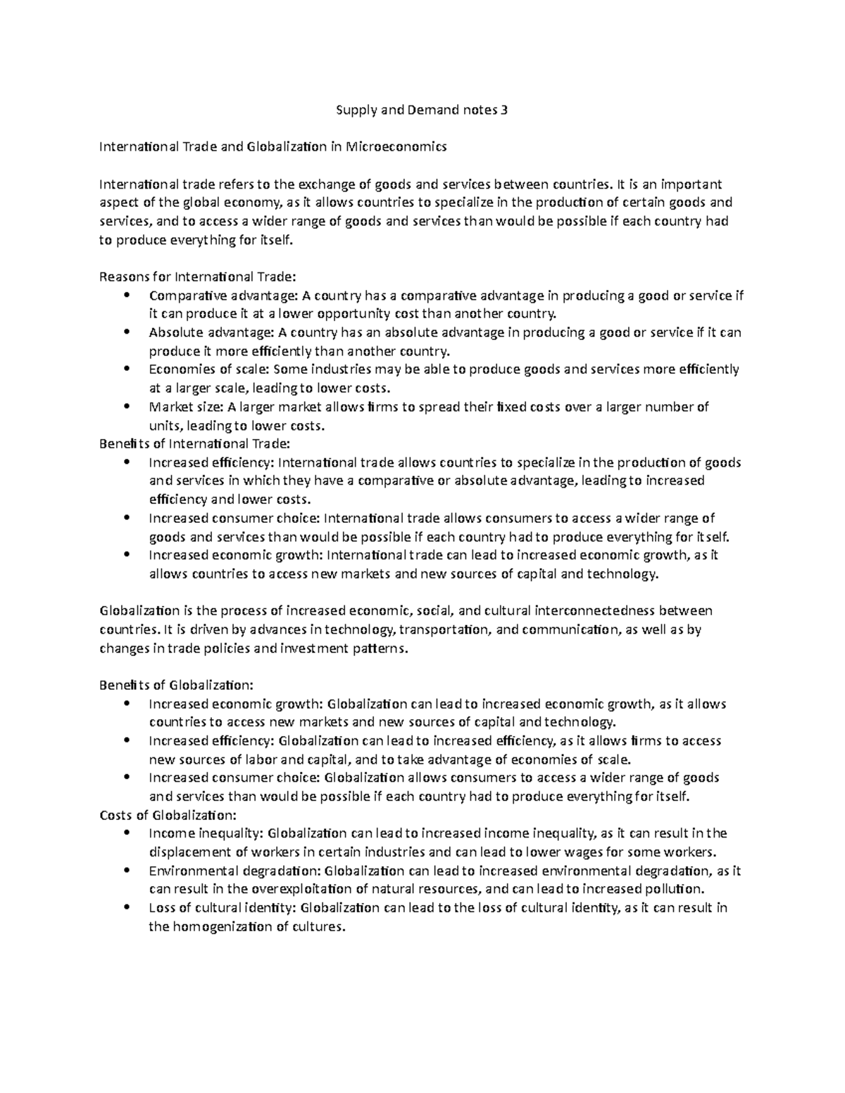 Econ 202 notes 3 - Supply and Demand notes 3 International Trade and ...