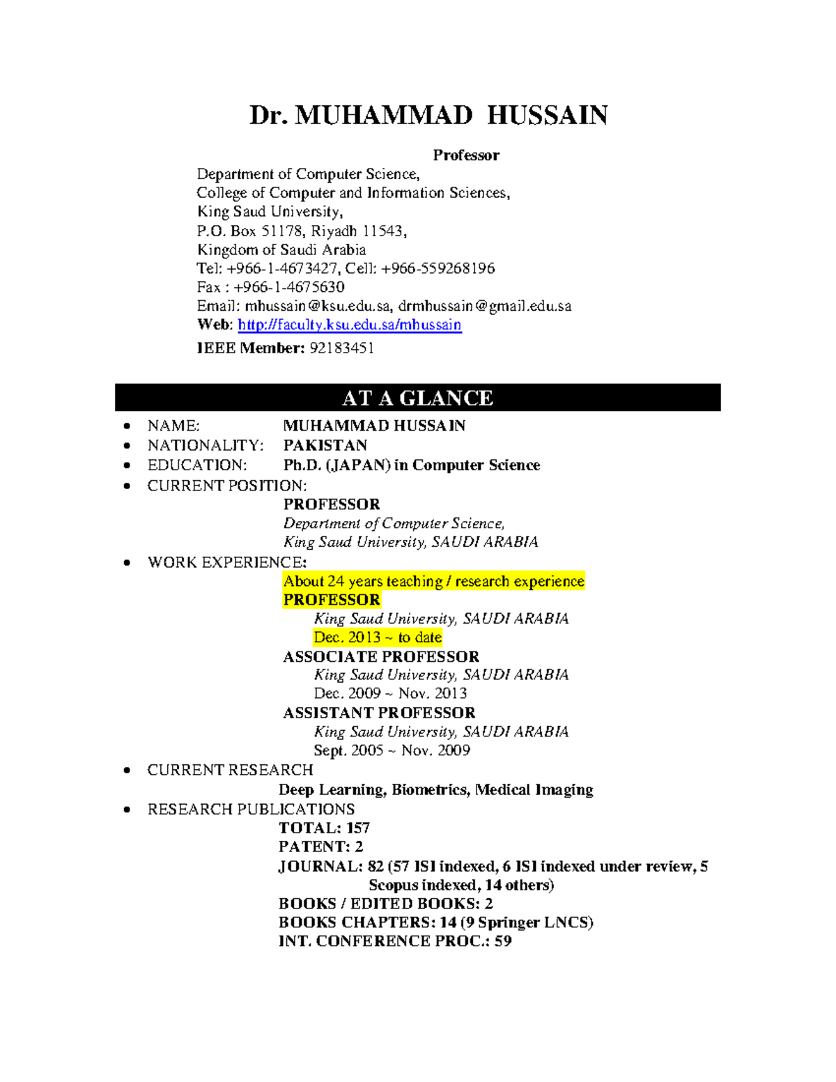 Cv drmhussain 2 - Abcdef - Dr. MUHAMMAD HUSSAIN Professor Department of ...
