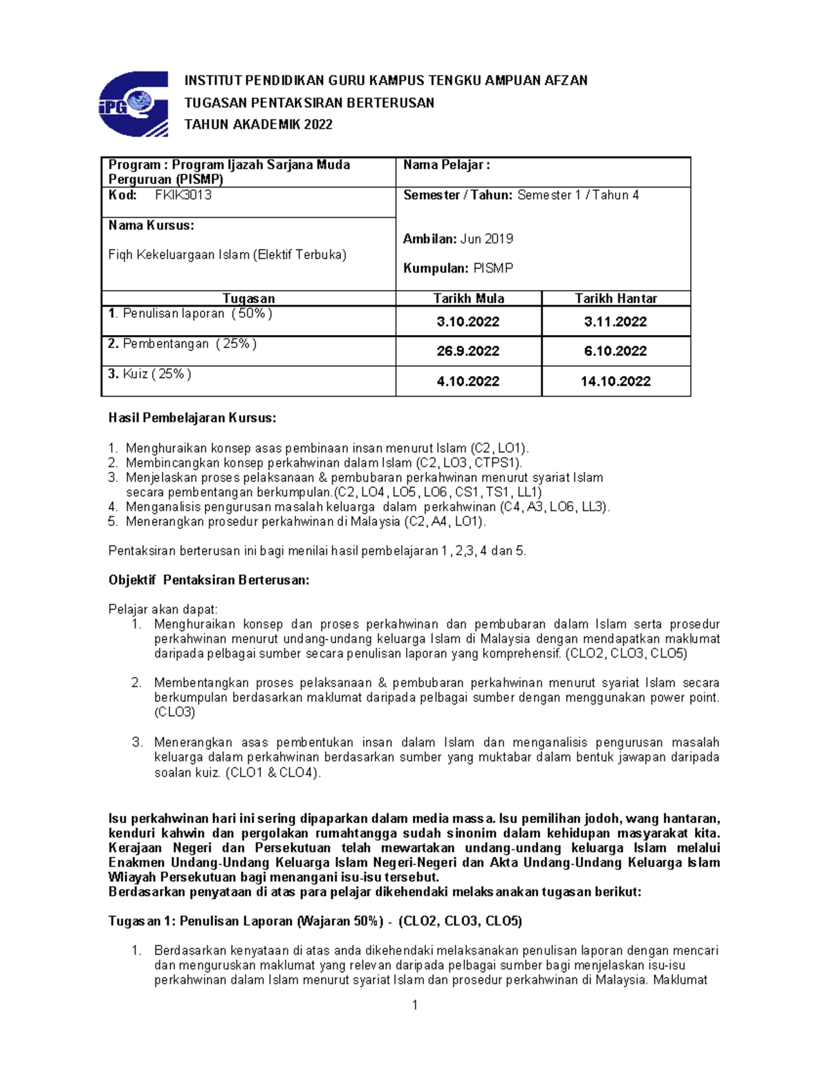 Arahan Tugasan FKIK3013 - INSTITUT PENDIDIKAN GURU KAMPUS TENGKU AMPUAN AFZAN TUGASAN ...