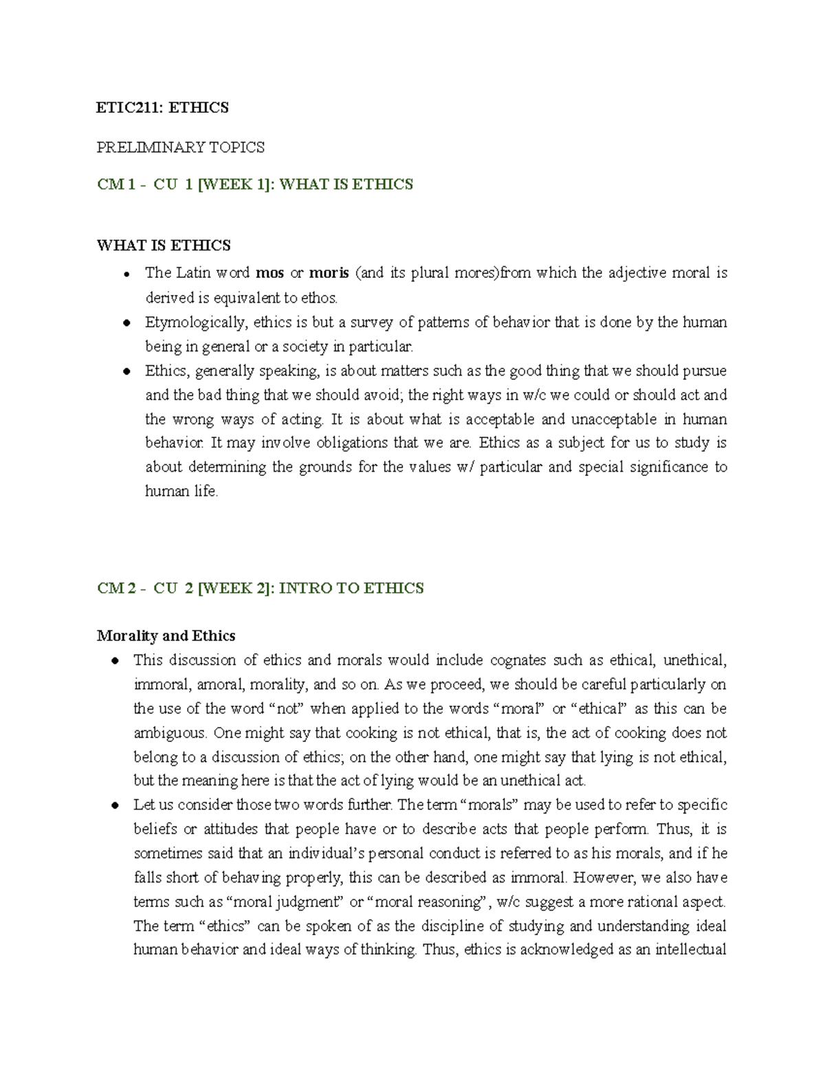 Ethics Preliminary Topics - ETIC211: ETHICS PRELIMINARY TOPICS CM 1 ...